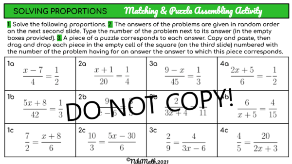 Solving Proportions - Matching & Puzzle Assembling Activity - Teacher ...