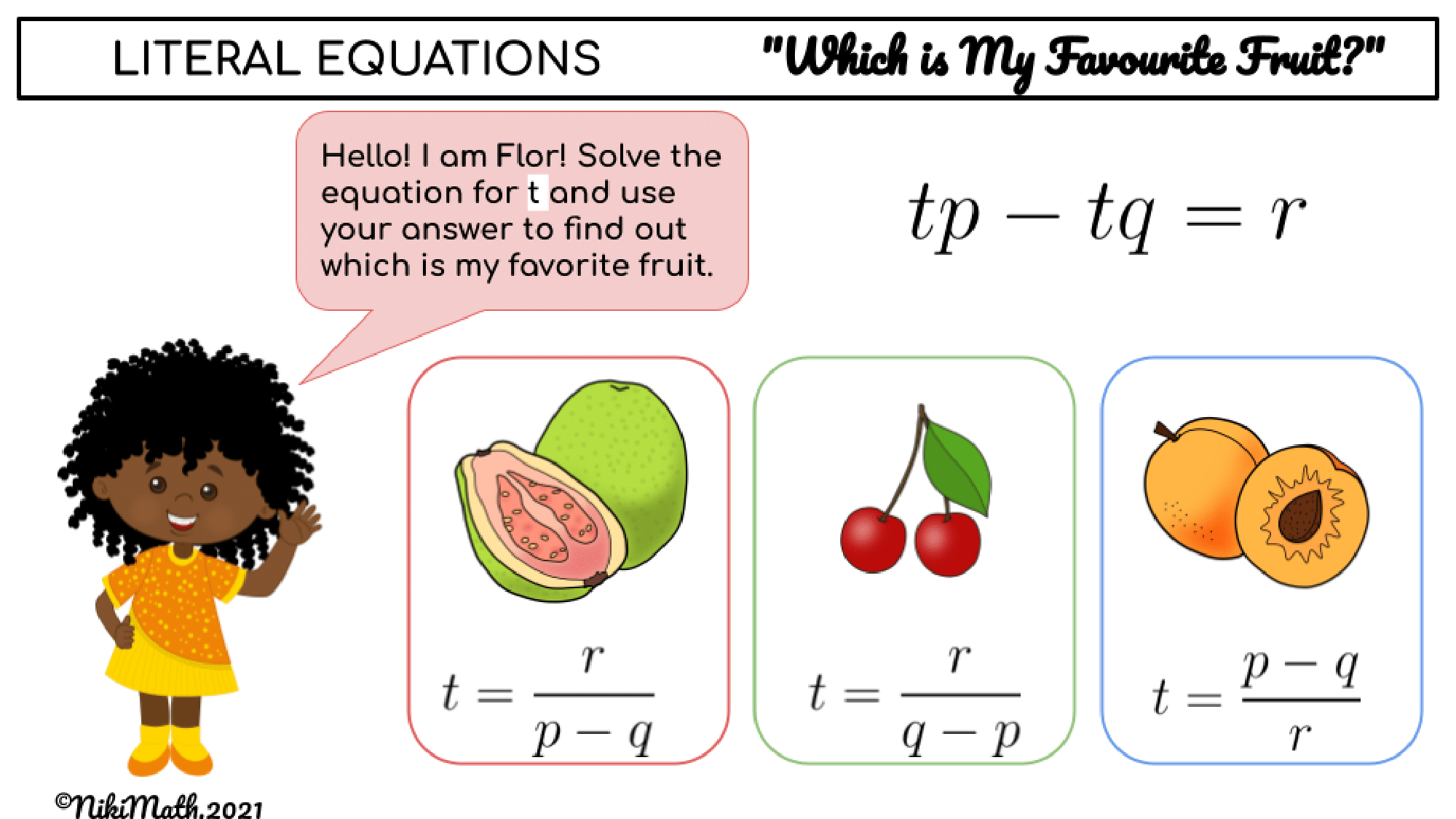Literal Equations -"Which is My Favorite Fruit?" Multiple-Choice ...