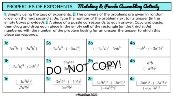 Properties of Exponents - Matching & PUZZLE Assembling Activity ...