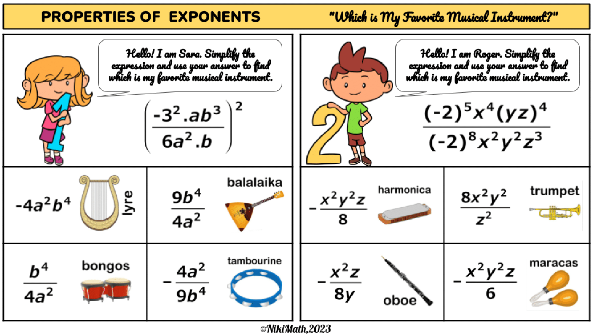 Exponent Laws-"Which is my Favorite Musical Instrument?"Multiple-Choice ...