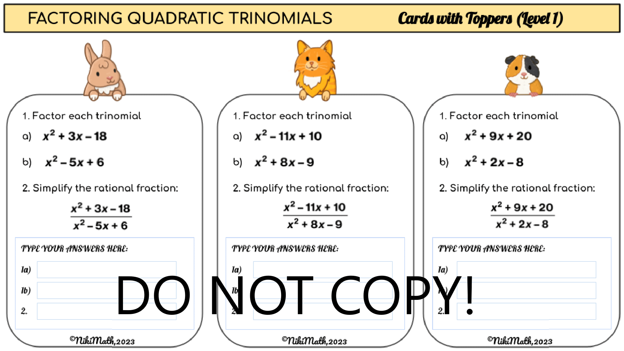Factoring Quadratic Trinomials - 4 Level Digital Cards with Toppers ...