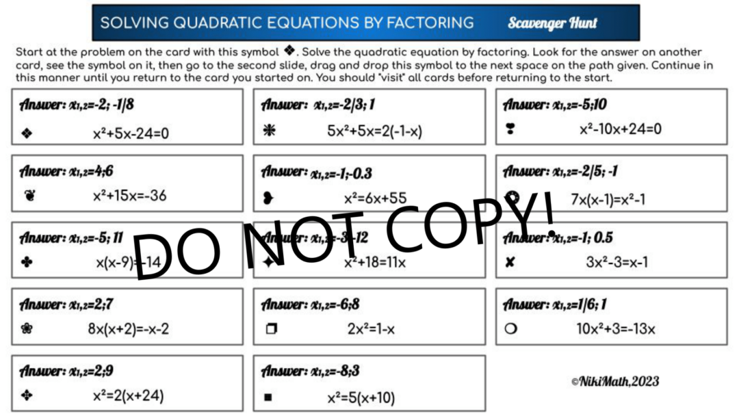Solving Quadratic Equations by Factoring - Digital Scavenger Hunt ...