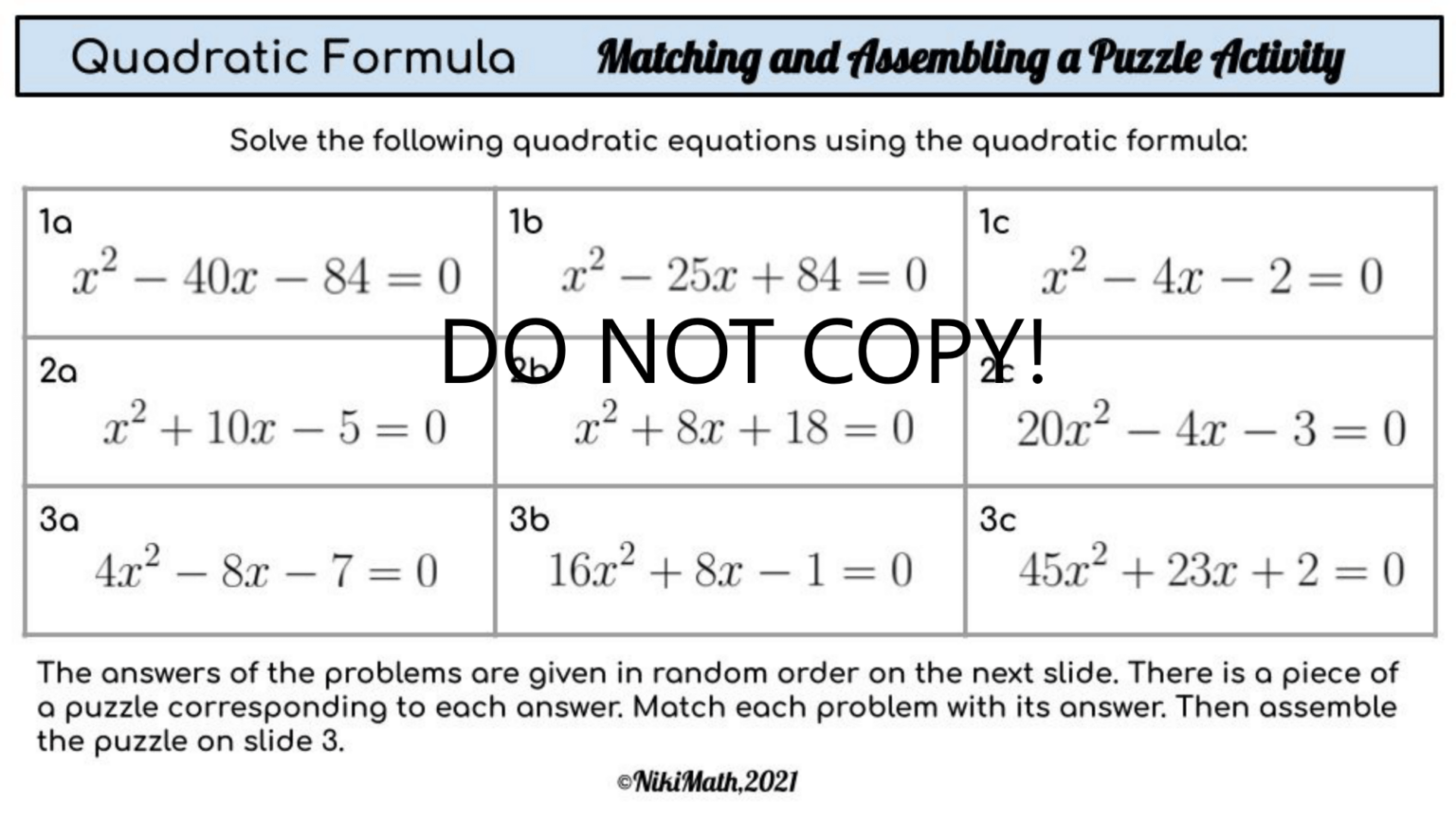 Quadratic Formula - Matching and Assembling a Puzzle Activity - Teacher ...
