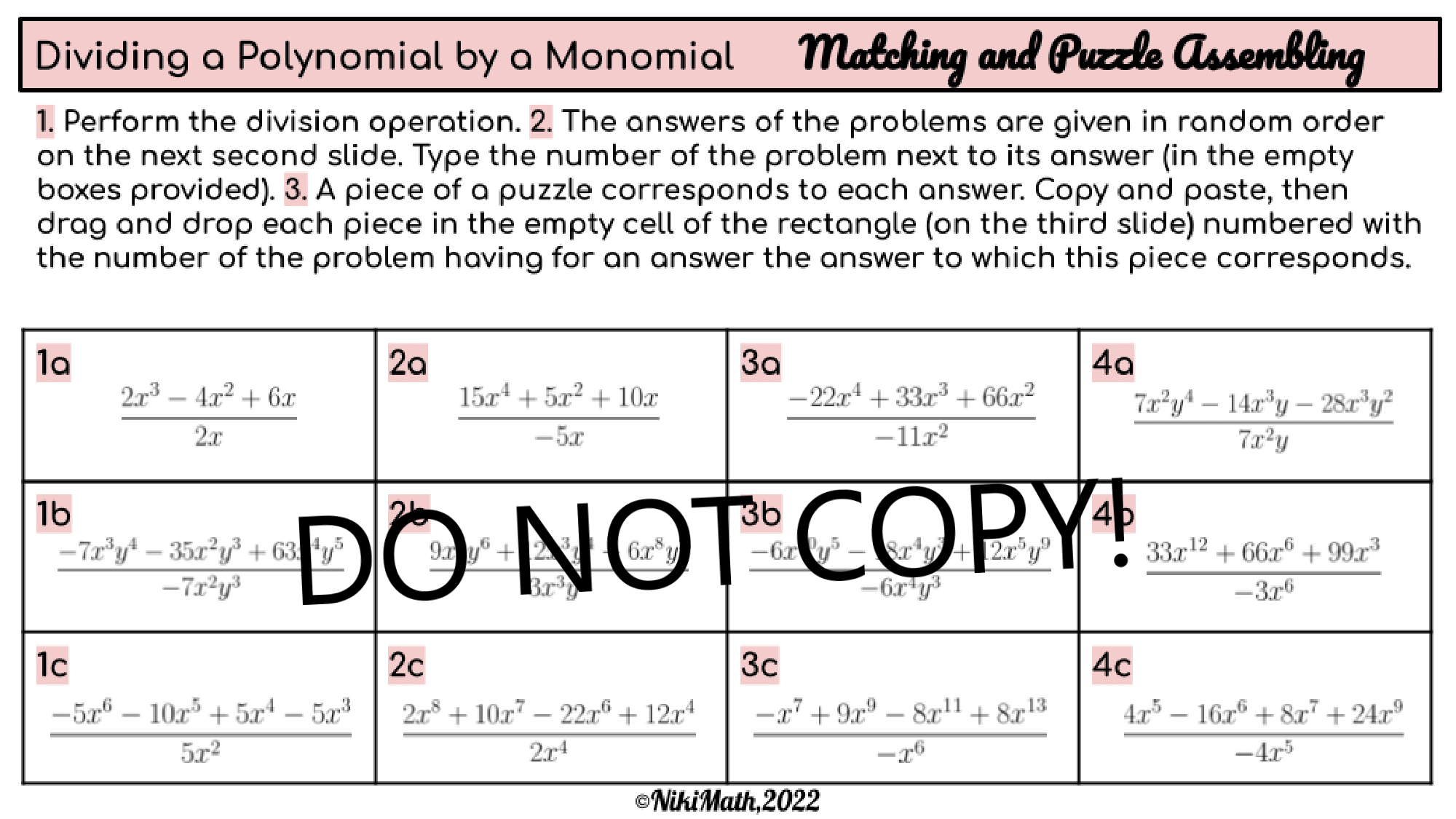 Dividing a Polynomial by a Monomial - Matching & PUZZLE Assembling ...