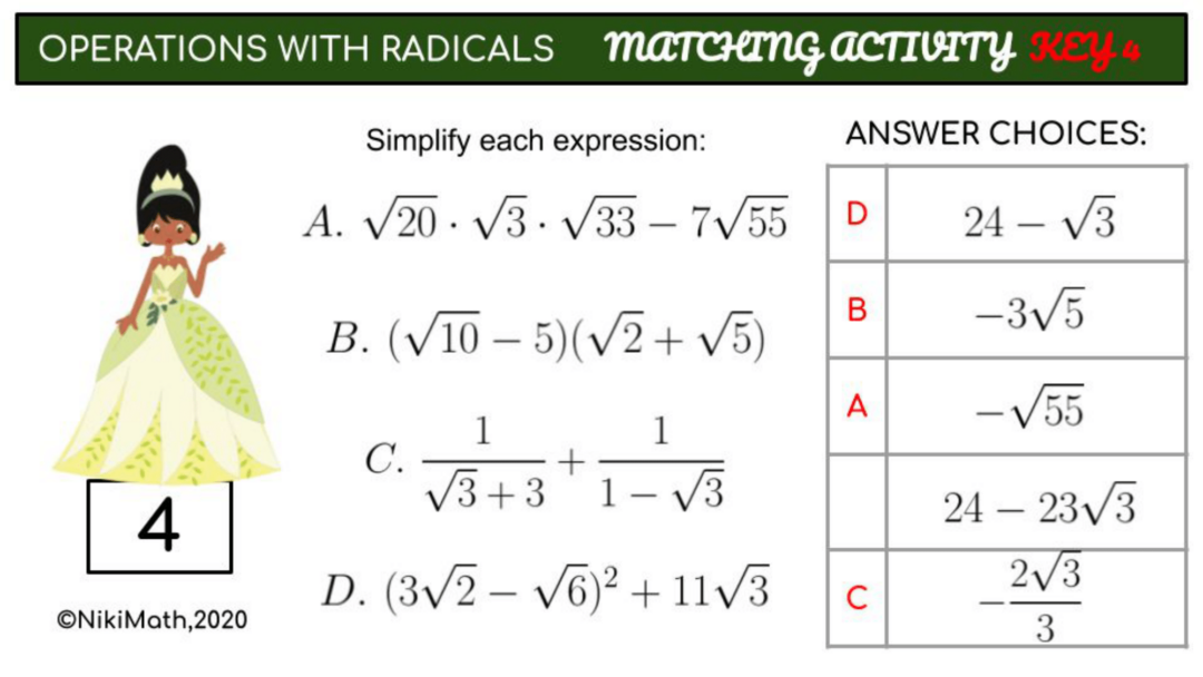 Operations with Radicals - Princesses Themed Matching Activity ...