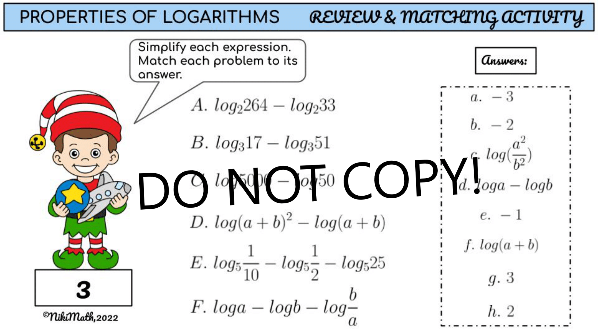 Properties of Logarithms - Matching Review Activity (40 Problems ...