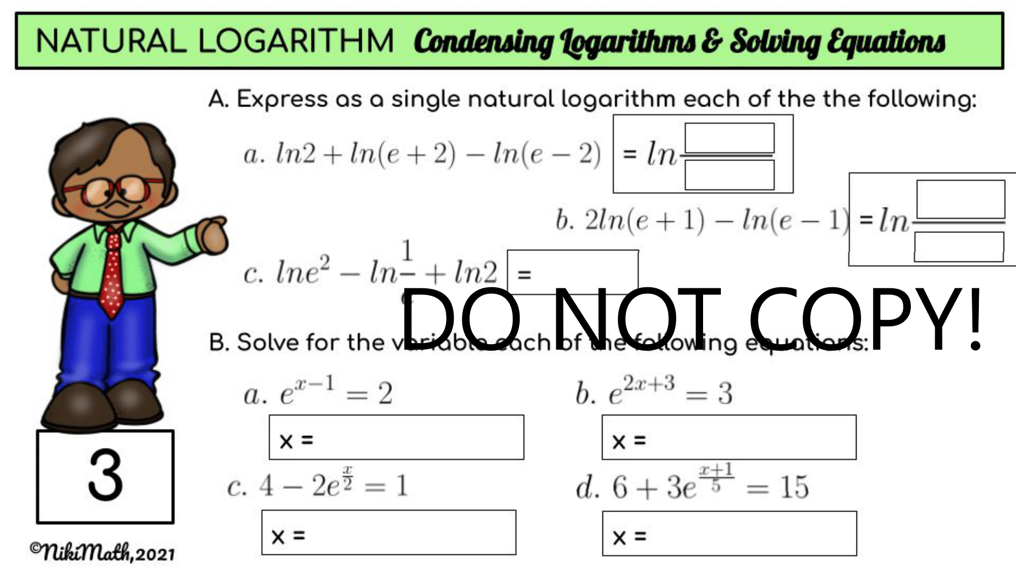 NATURAL LOGARITHM - Condensing Logs & Solving Equations Practice (30 ...
