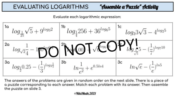 Evaluating Logarithms - Matching and Puzzle Assembling Activity ...