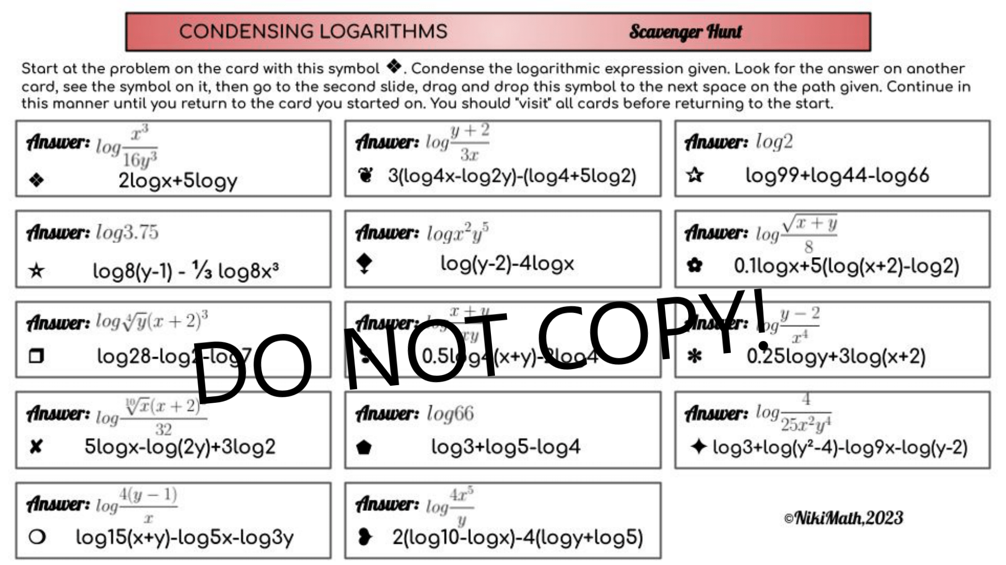 Condensing Logarithmic Expressions - Scavenger Hunt with a Symbol Path ...