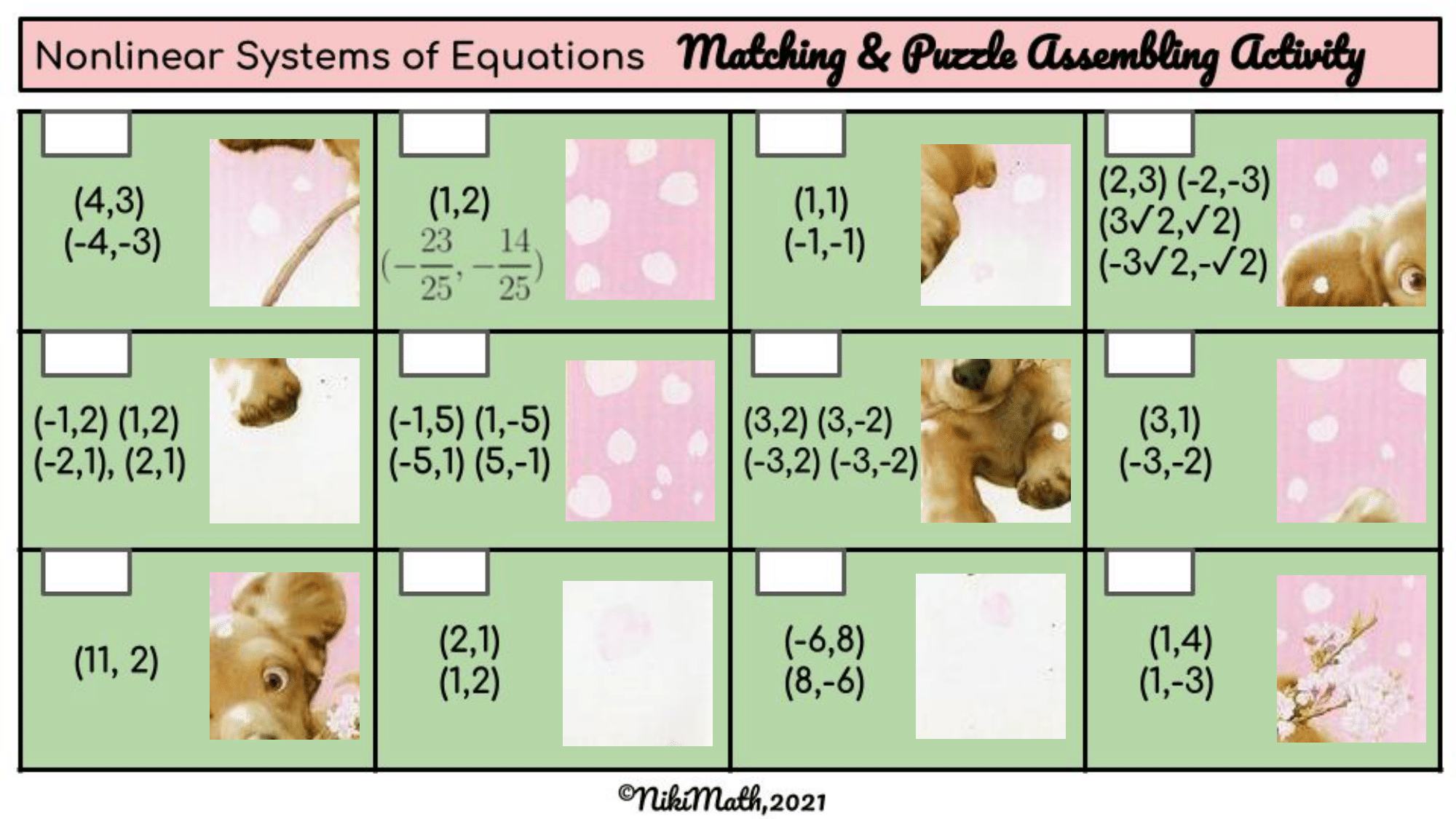 Nonlinear Systems of Equations - Matching & Puzzle Assembling Activity ...