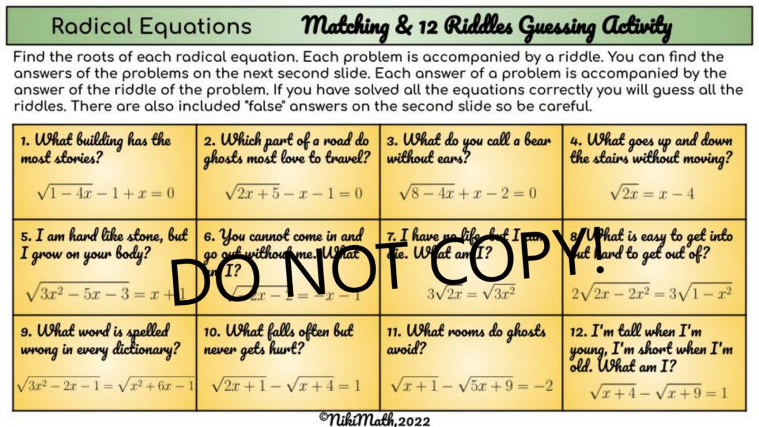 Solving Radical Equations - 12 Riddles Guessing Activity - Teacher ...