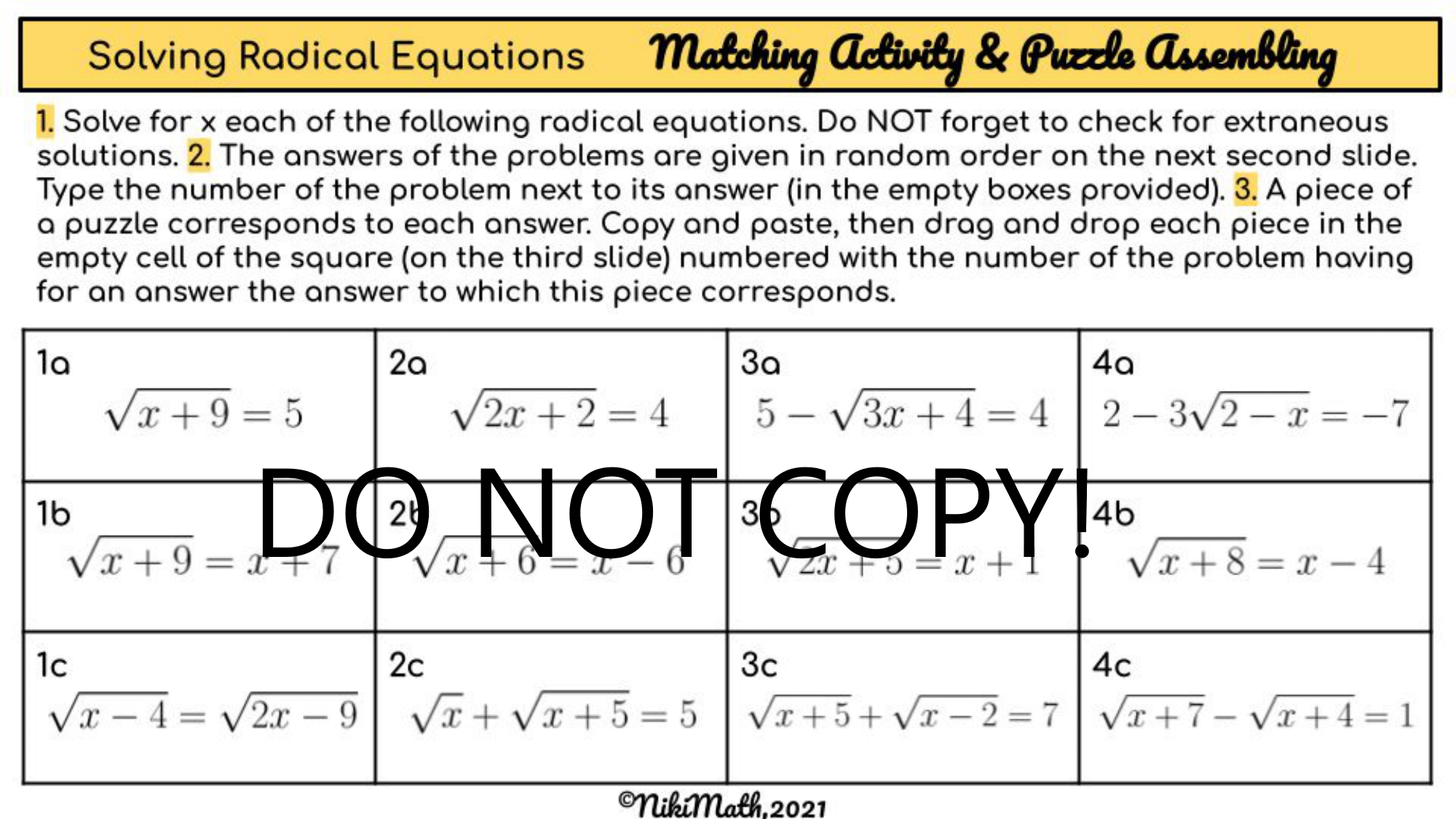 Radical Equations - Matching and Puzzle Assembling Activity (12 ...
