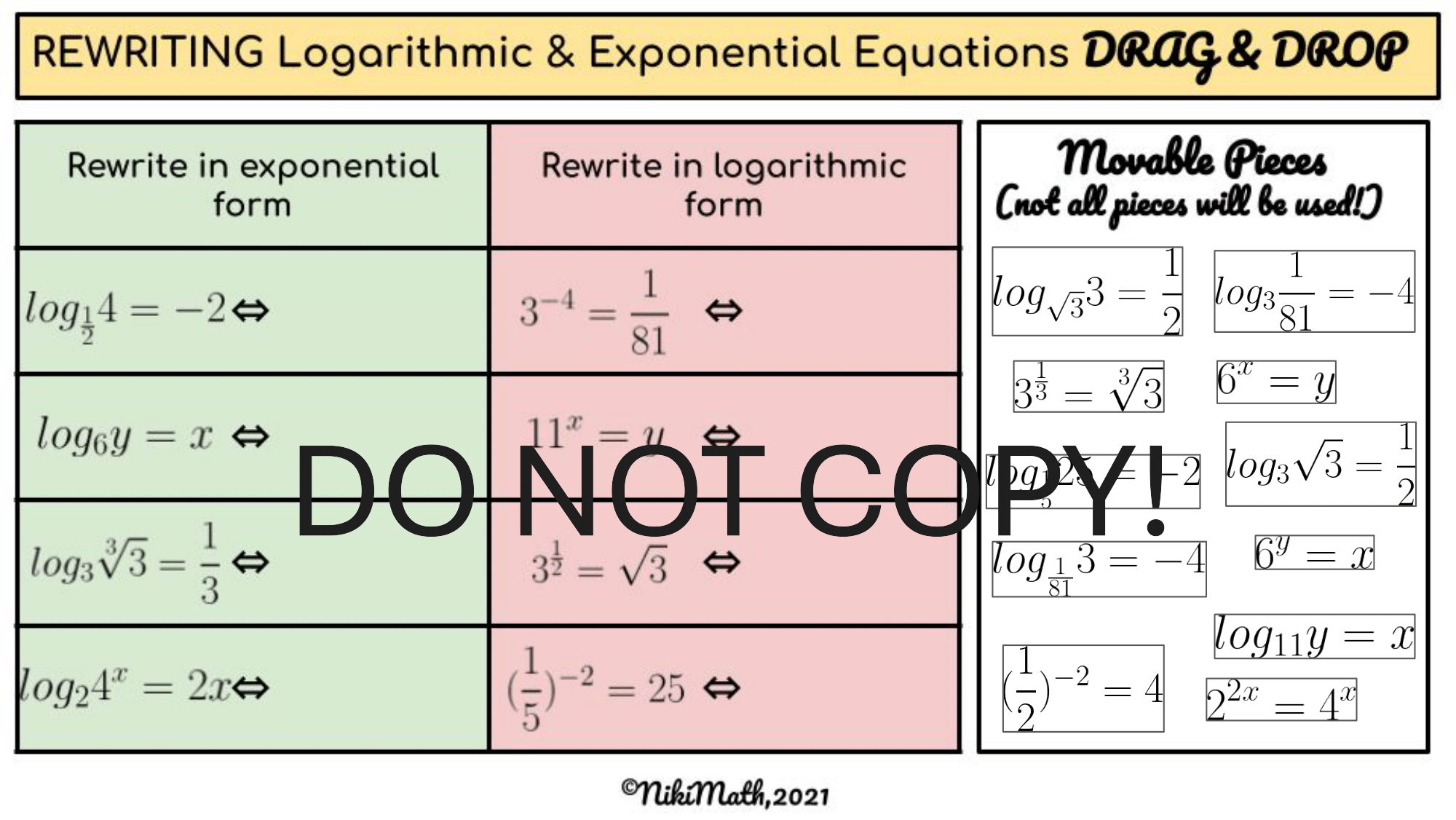 Rewriting Exponential & Logarithmic Equations - Drag & Drop Activity ...