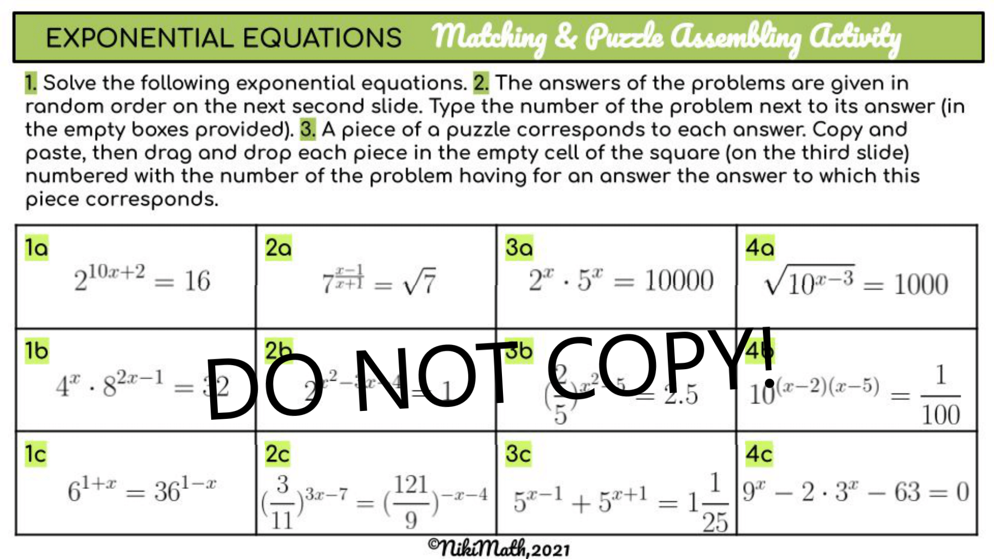 Exponential Equations Matching & Puzzle Assembling Activity - Teacher ...