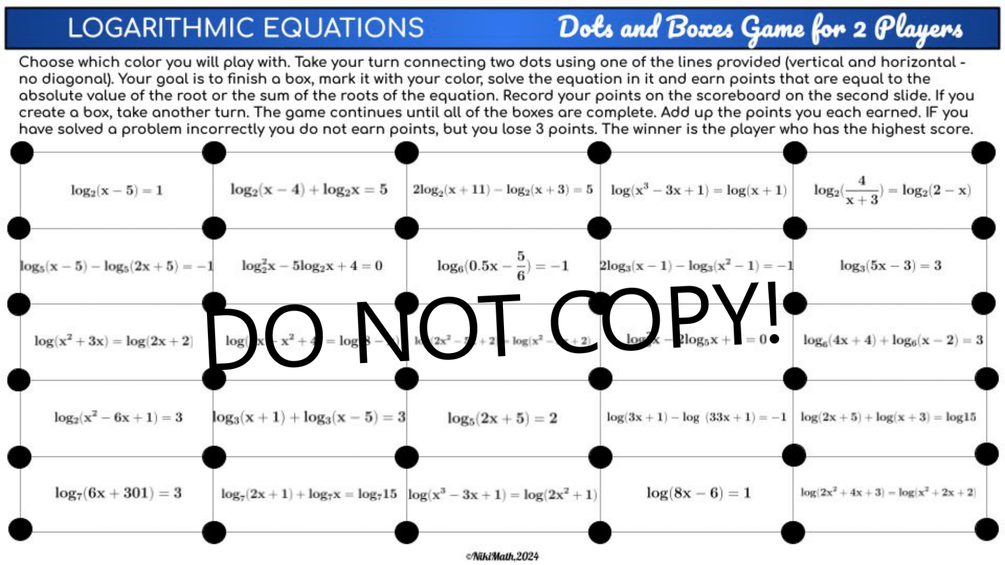 Logarithmic Equations - Digital Dots and Boxes Game - Teacher ...