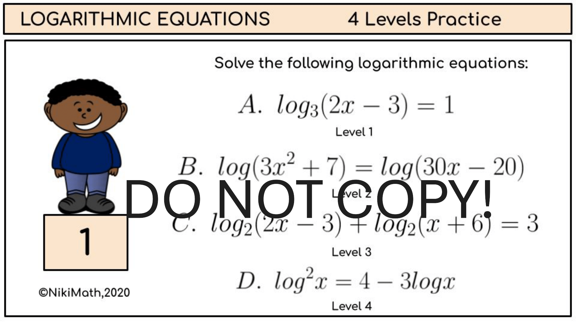 Logarithmic Equations - Four Levels Practice (24 challenging problems ...