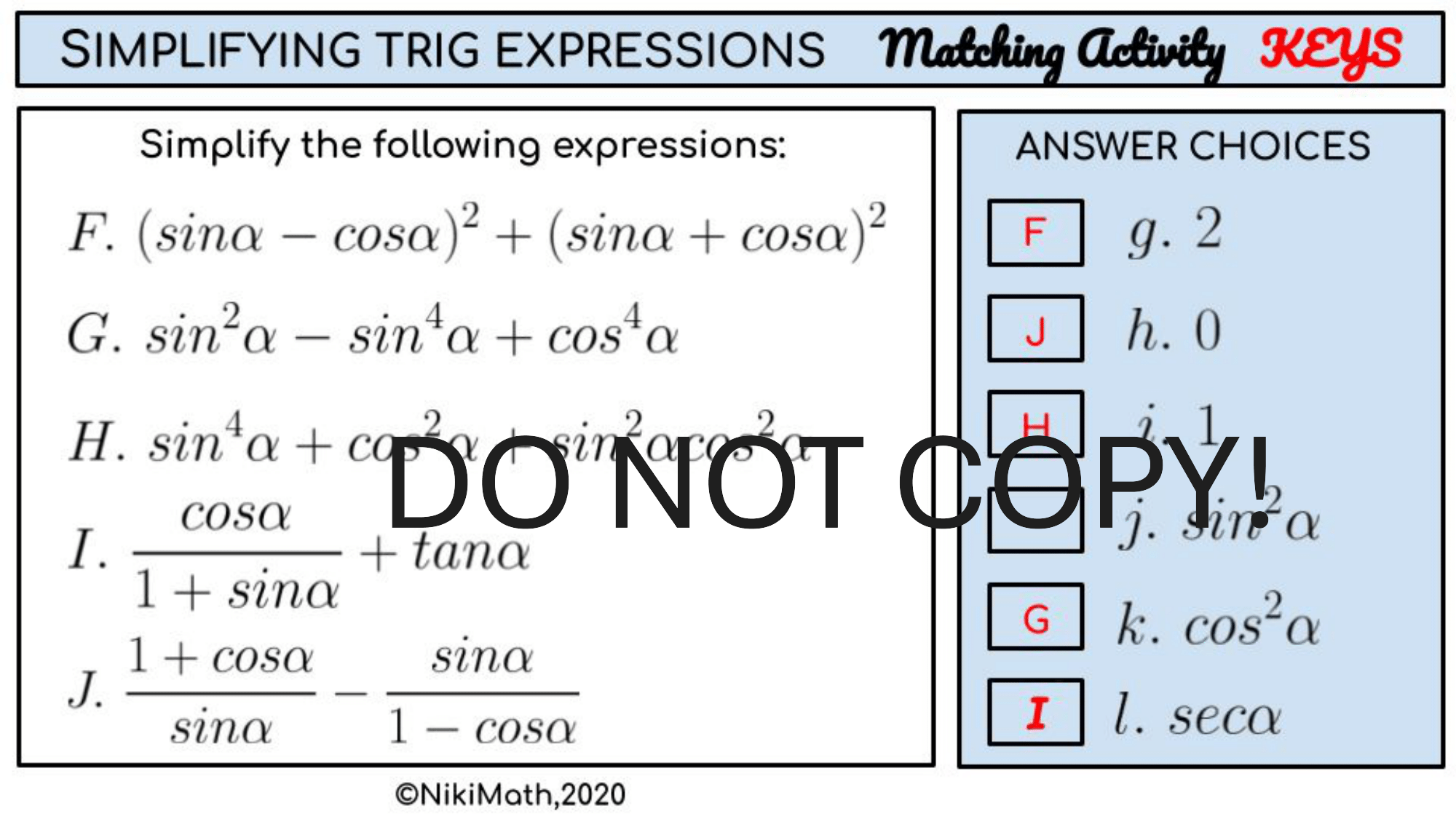 Trigonometric Identities-Simplifying Trig Expressions-Matching Activity+solutions - Teacher ...