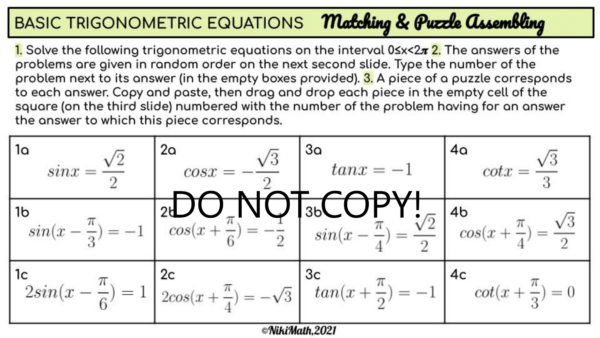 Basic Trigonometric Equations- Matching & Puzzle Assembling Activity ...