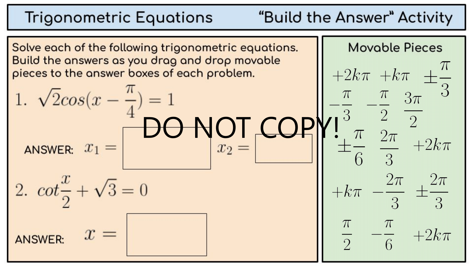 Trigonometric Equations - "Build the Answer" Drag & Drop Activity - Teacher Professional Development