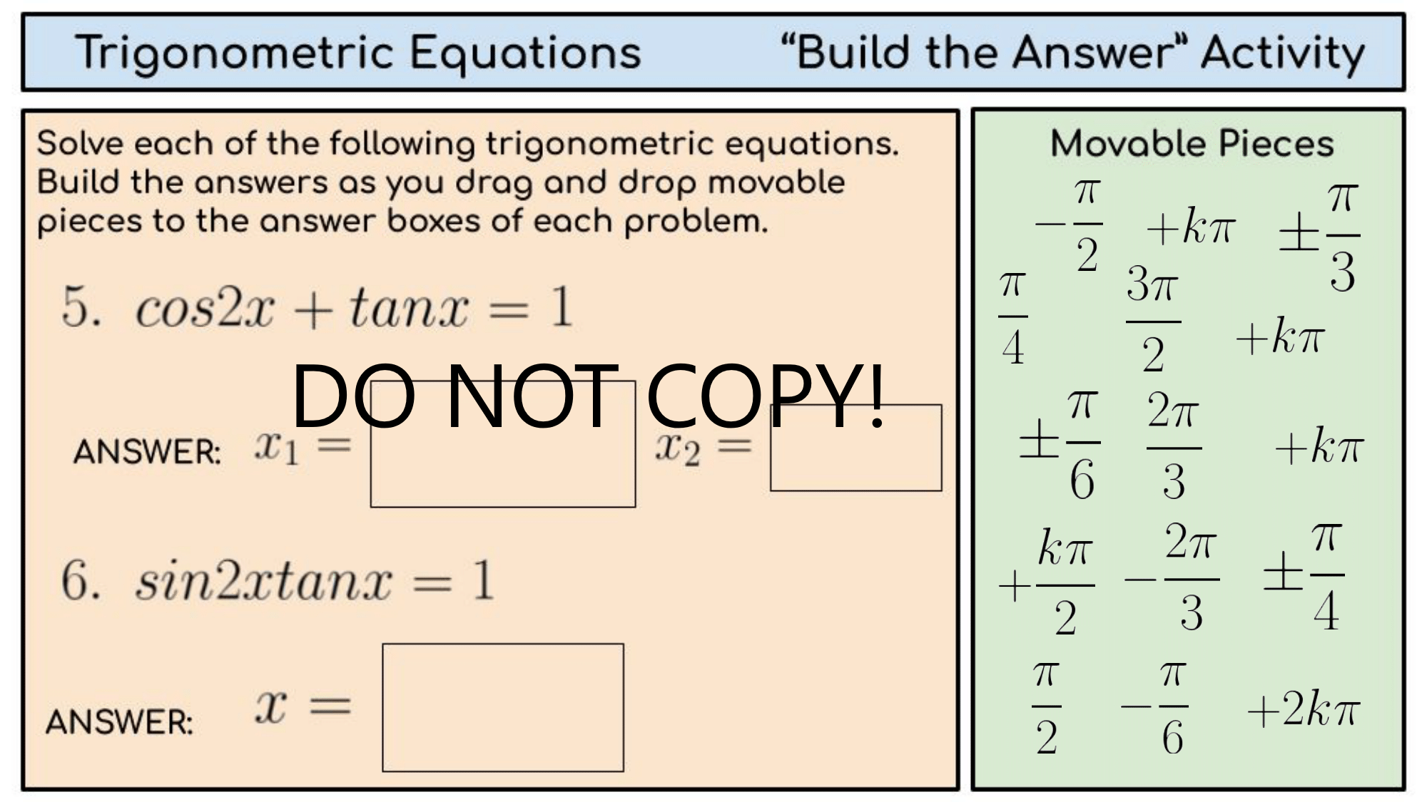 Trigonometric Equations - "Build the Answer" Drag & Drop Activity ...