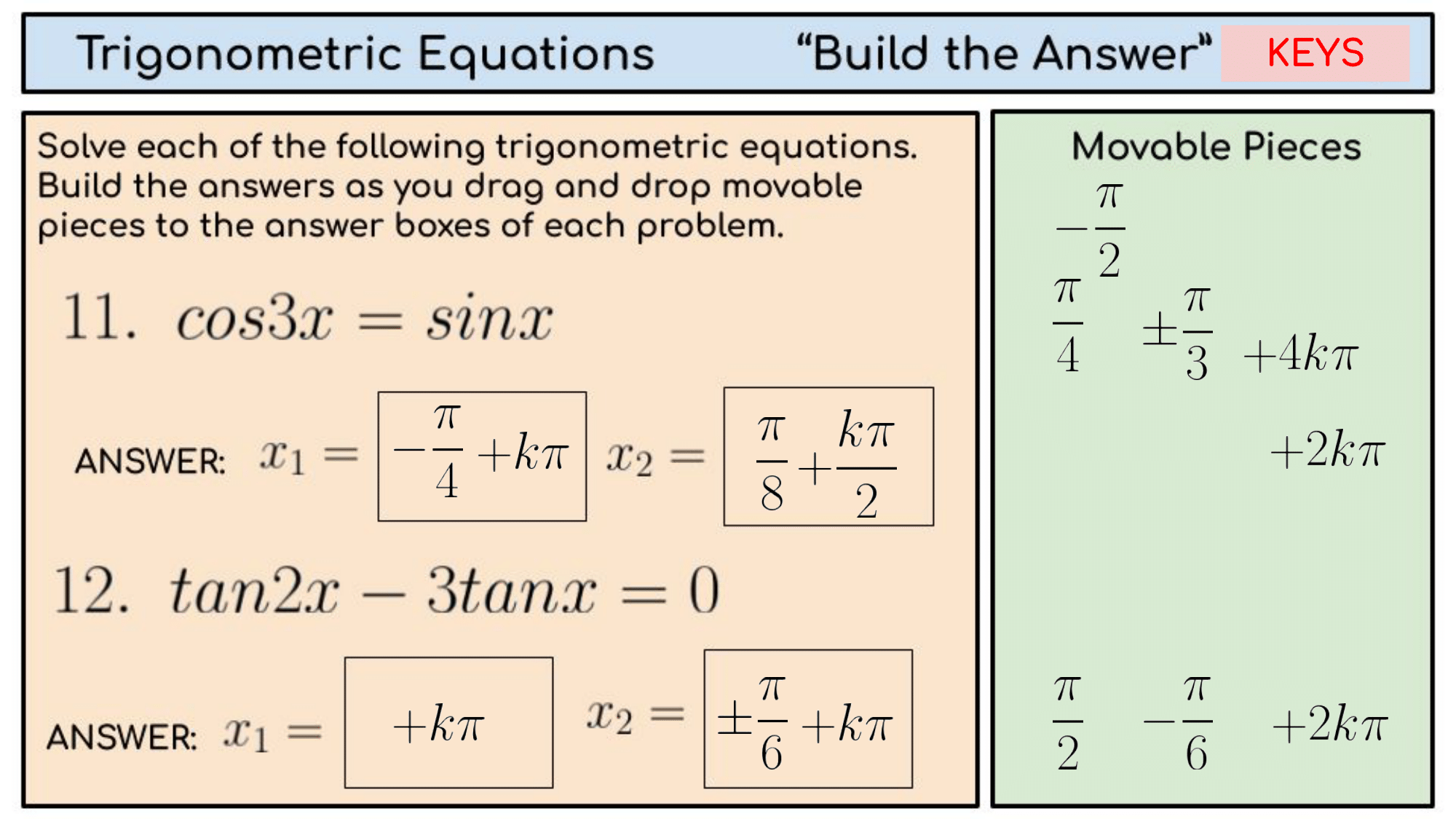 Trigonometric Equations - "Build the Answer" Drag & Drop Activity - Teacher Professional Development