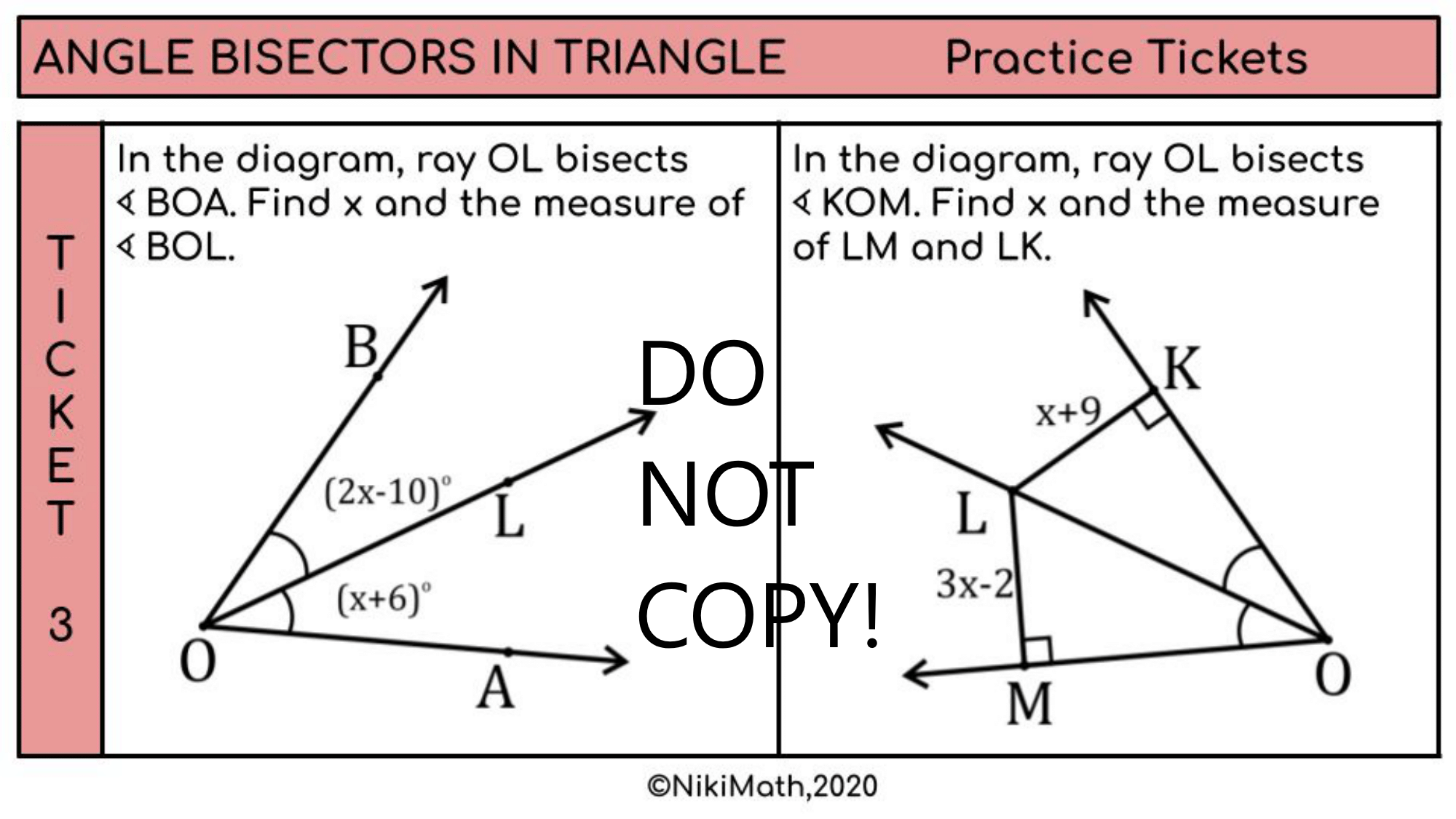 Angle Bisectors in Triangle - 8 Practice Tickets (2 problems per ticket ...