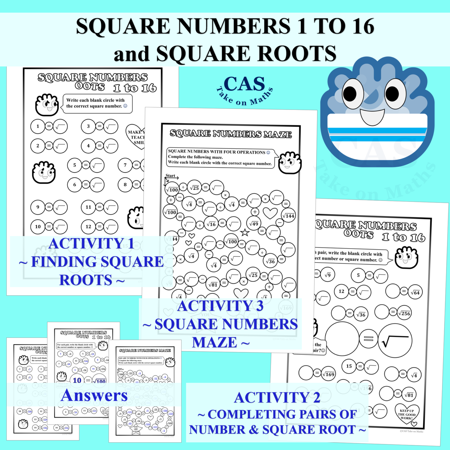 Year 5 to 8 Square Numbers 1 to 16 and Square Roots Fun Activity