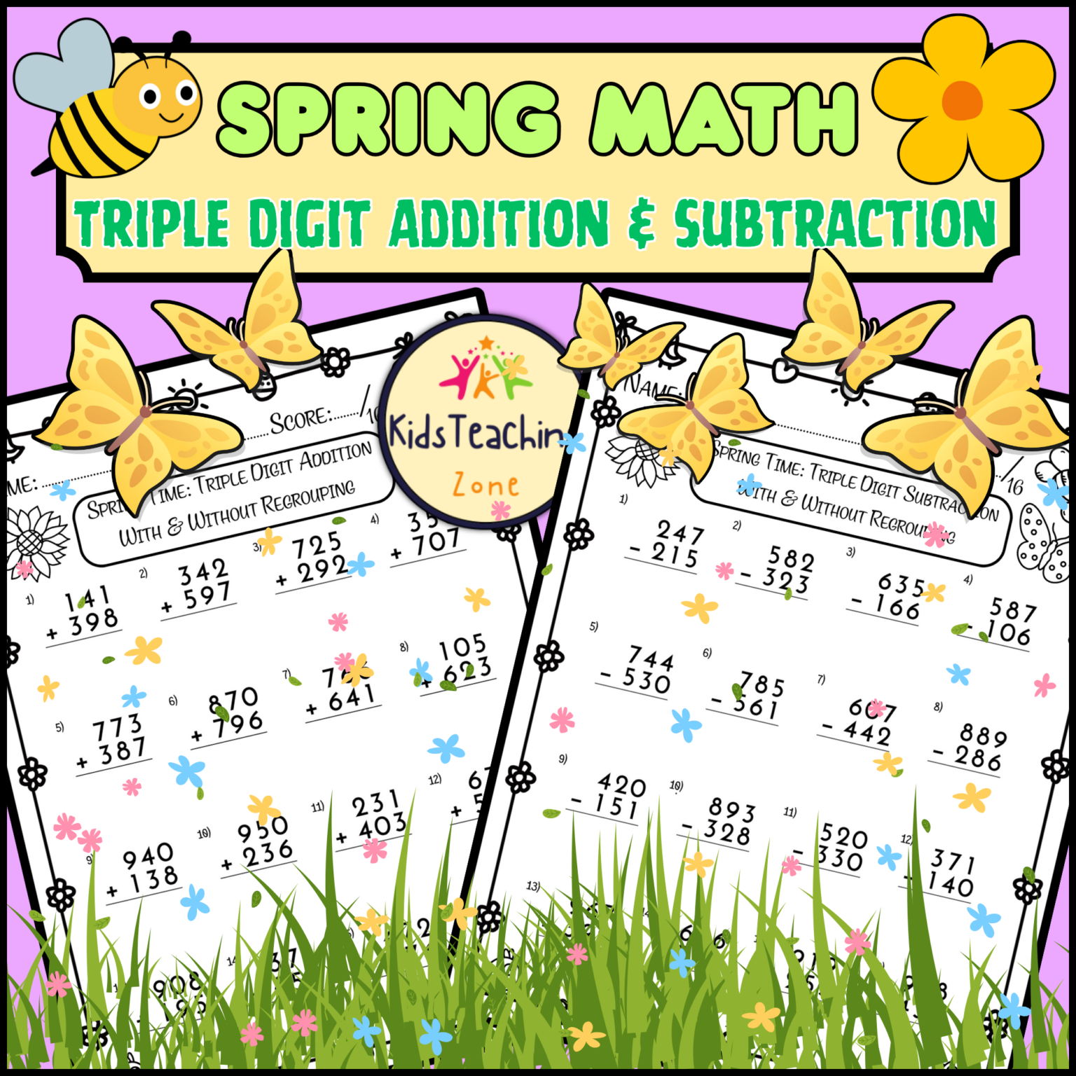 Spring Math: Triple Digit Addition and Subtraction Worksheets - Teacher ...