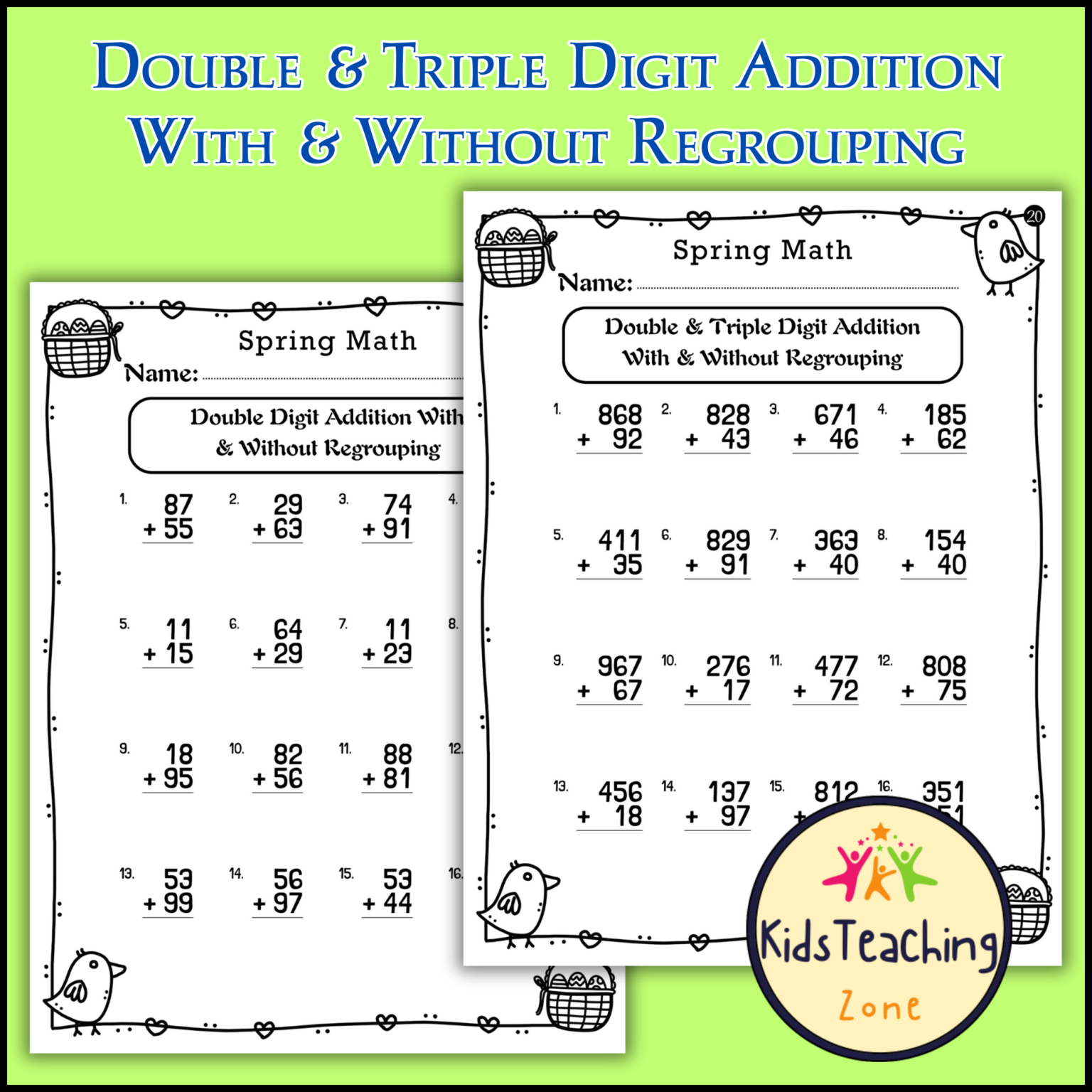 Spring Math: Double & Triple Digit Addition and Subtraction Worksheets ...