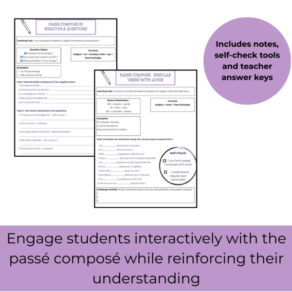 Passé Composé French Bundle – Notes, Worksheets, Speaking Activities ...