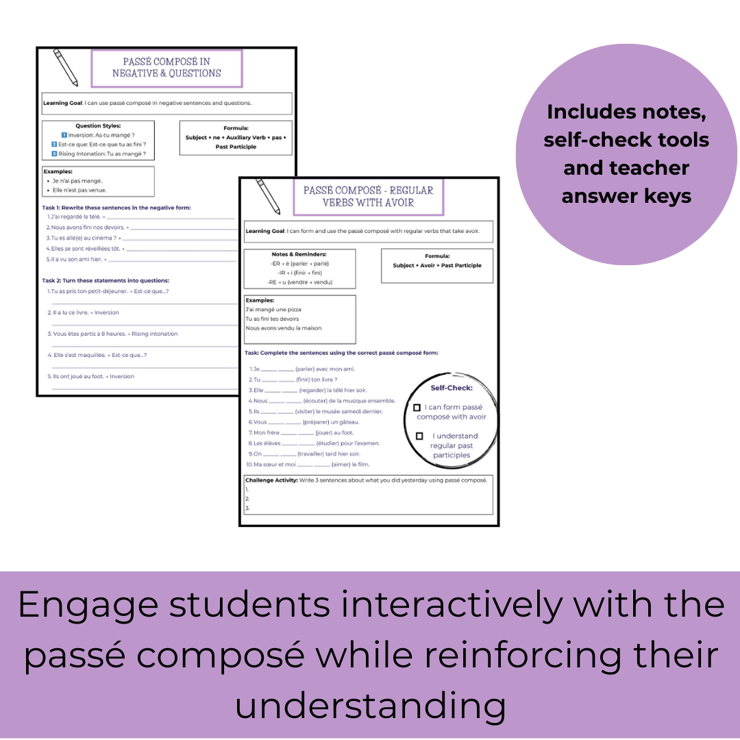 Passé Composé French Bundle – Notes, Worksheets, Speaking Activities ...