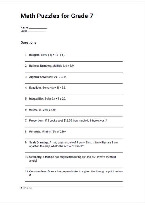 50 Math Puzzles for Grade 7 - Teacher Professional Development