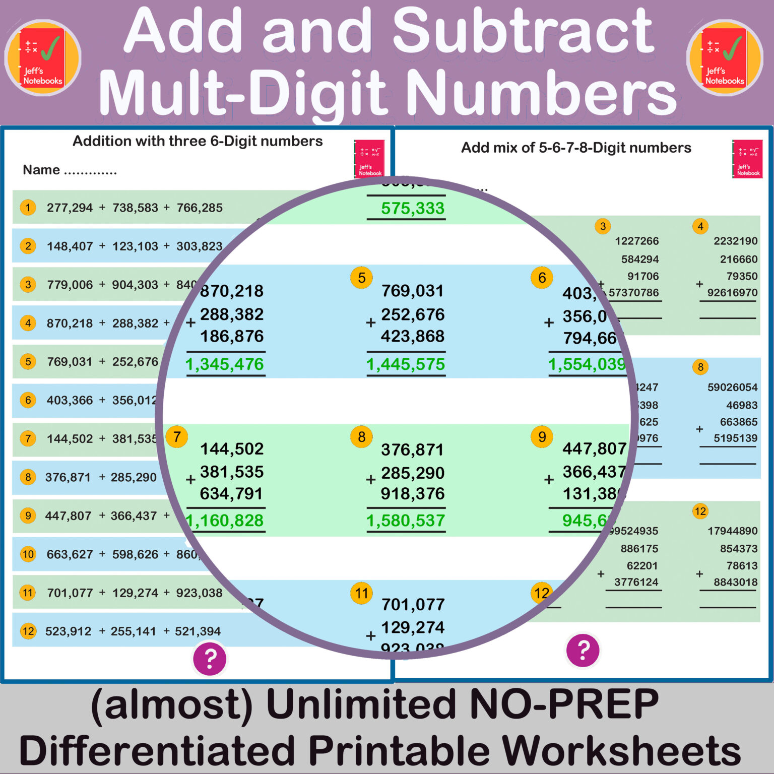 Add & Subtract Multi-Digit Numbers Worksheets - 5 to 8 Digits - Formal ...