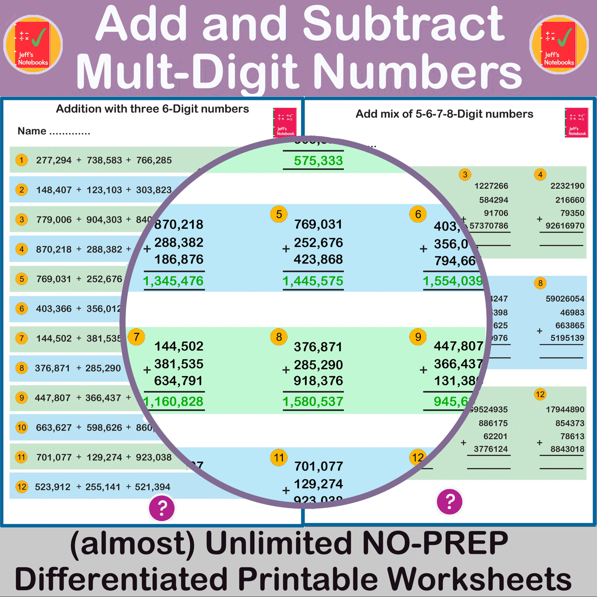 Add & Subtract Multi-Digit Numbers Worksheets - 5 to 8 Digits - Formal ...