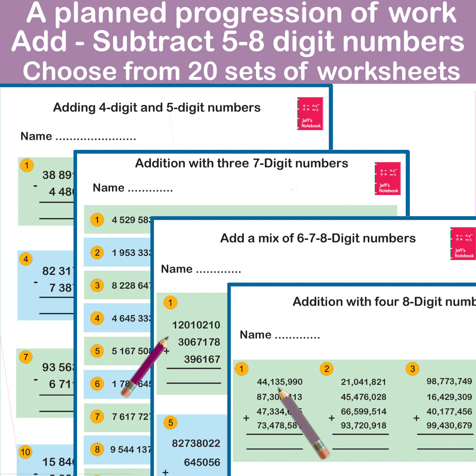 Add & Subtract Multi-Digit Numbers Worksheets - 5 to 8 Digits - Formal ...